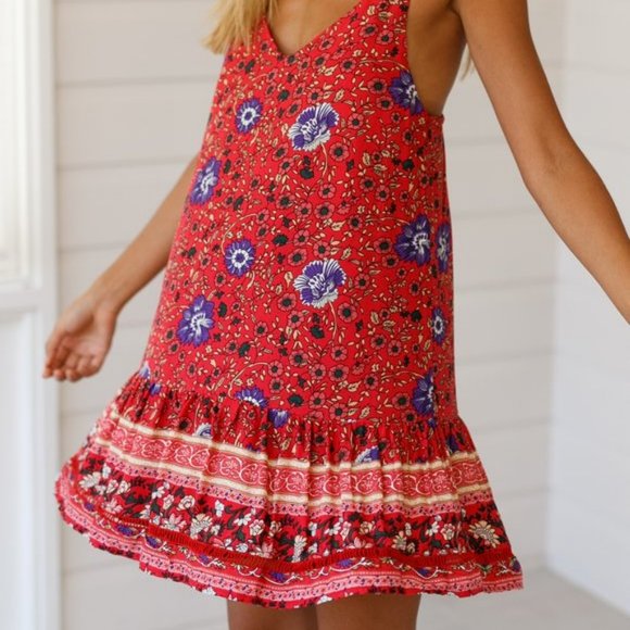 Dresses | Boho Chic Gypsy Floral Print Cami Dress Red | Poshmark